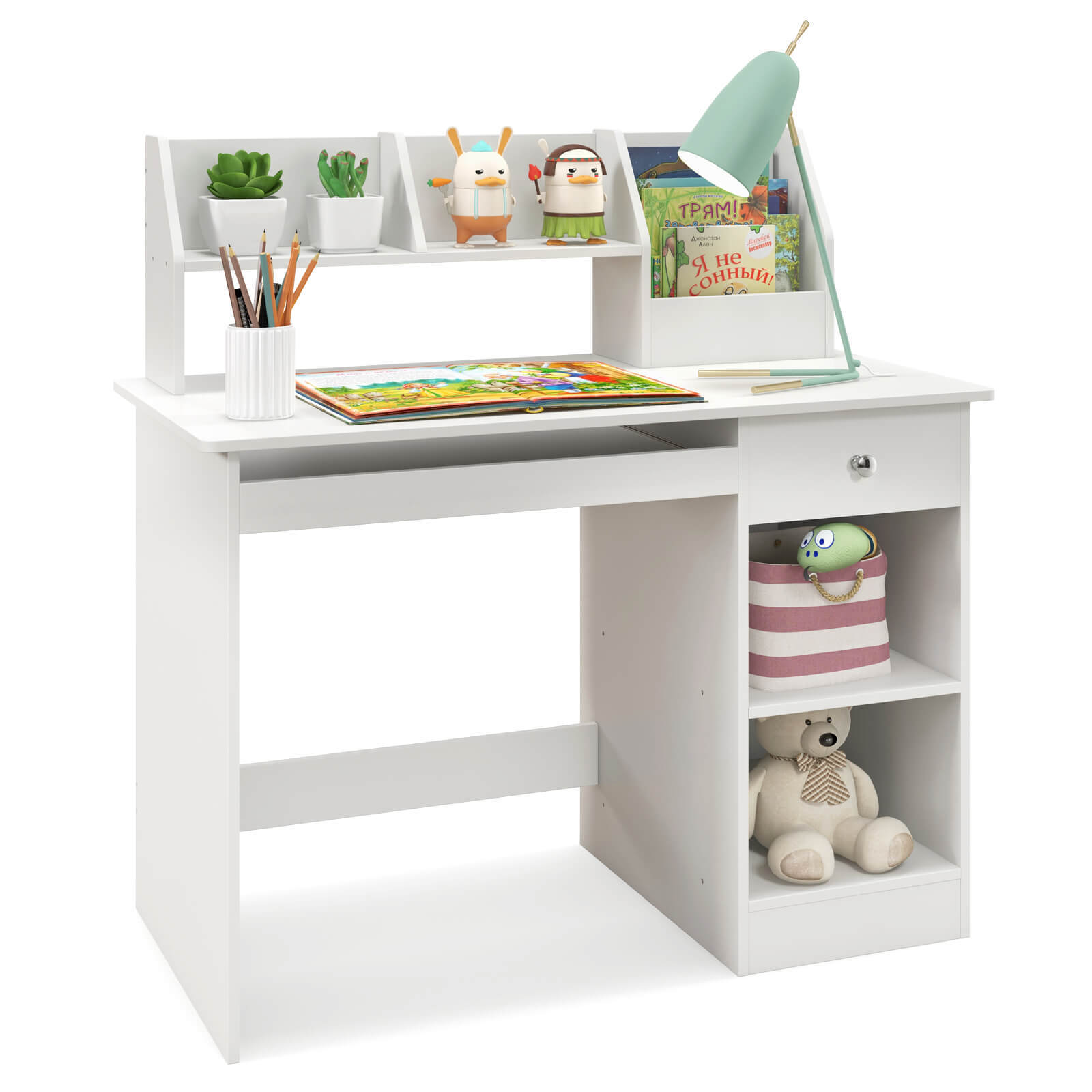 Kids Study Desk Children Writing Table w/ Hutch Drawer Shelves ...