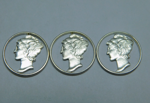 3 BU SILVER MERCURY DIMES !!! HAND CUT OUT - GREAT FOR EARRINGS ...