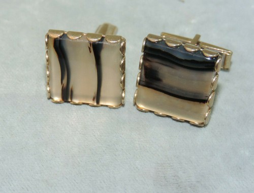 Vintage Badlands Banded Agate Gold tone Square Cufflinks CL 89 | eBay