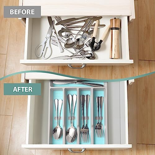 Silverware Organizer with Icons，Plastic Cutlery Grey+Mint Color-Small ...