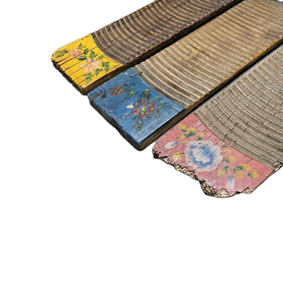 Set Of 3 Vintage Primitive Hand Decorated Chinese Wooden Wash or Scrub ...