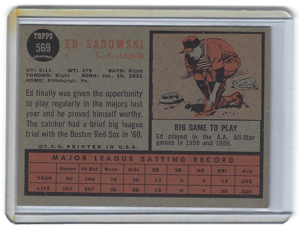 1962 TOPPS ED SADOWSKI #569 LA Angels EXMT Short Print! Free shipping ...