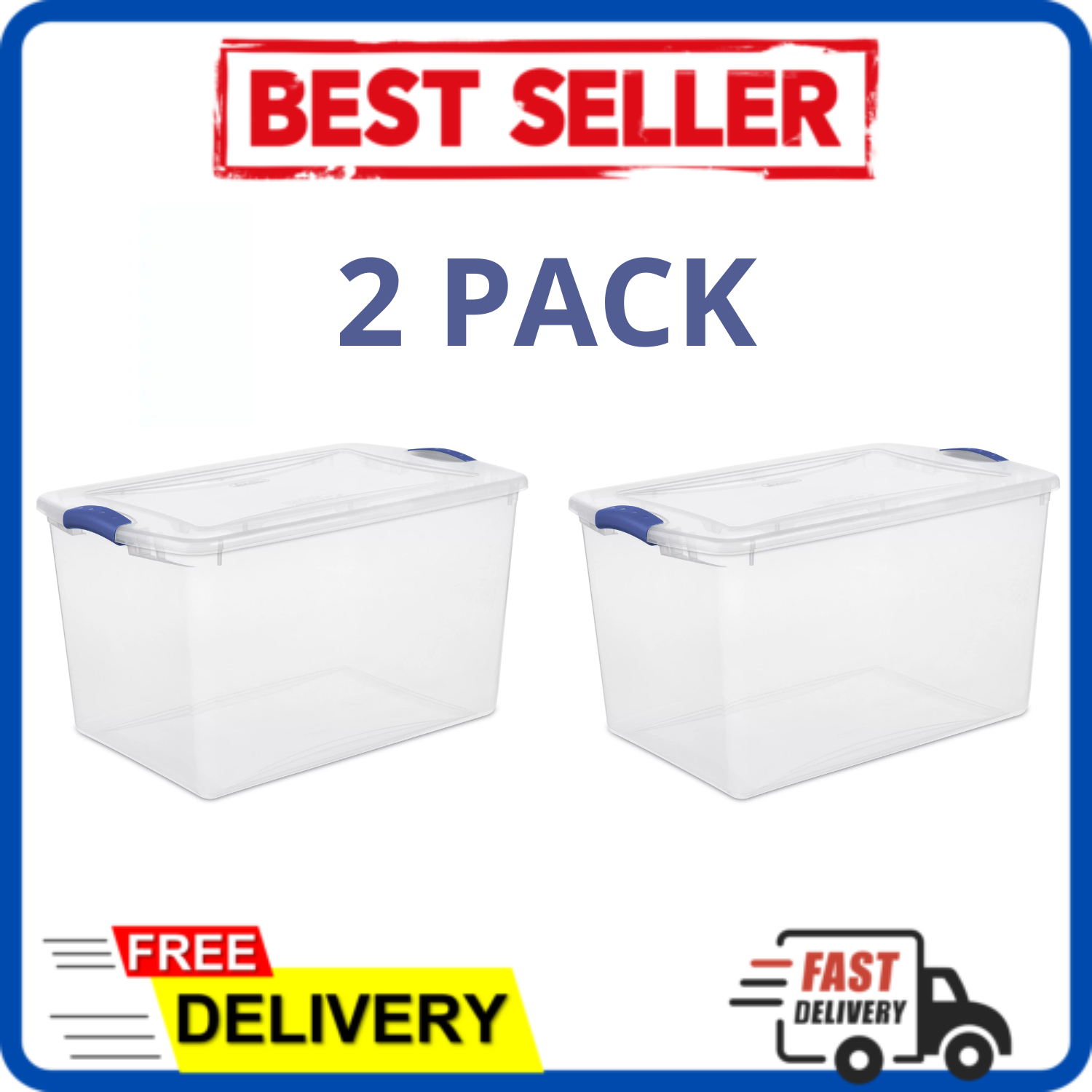 2 PACK - Stackable Plastic Tote Box Storage Containers Bin 66 Qt, Blue ...