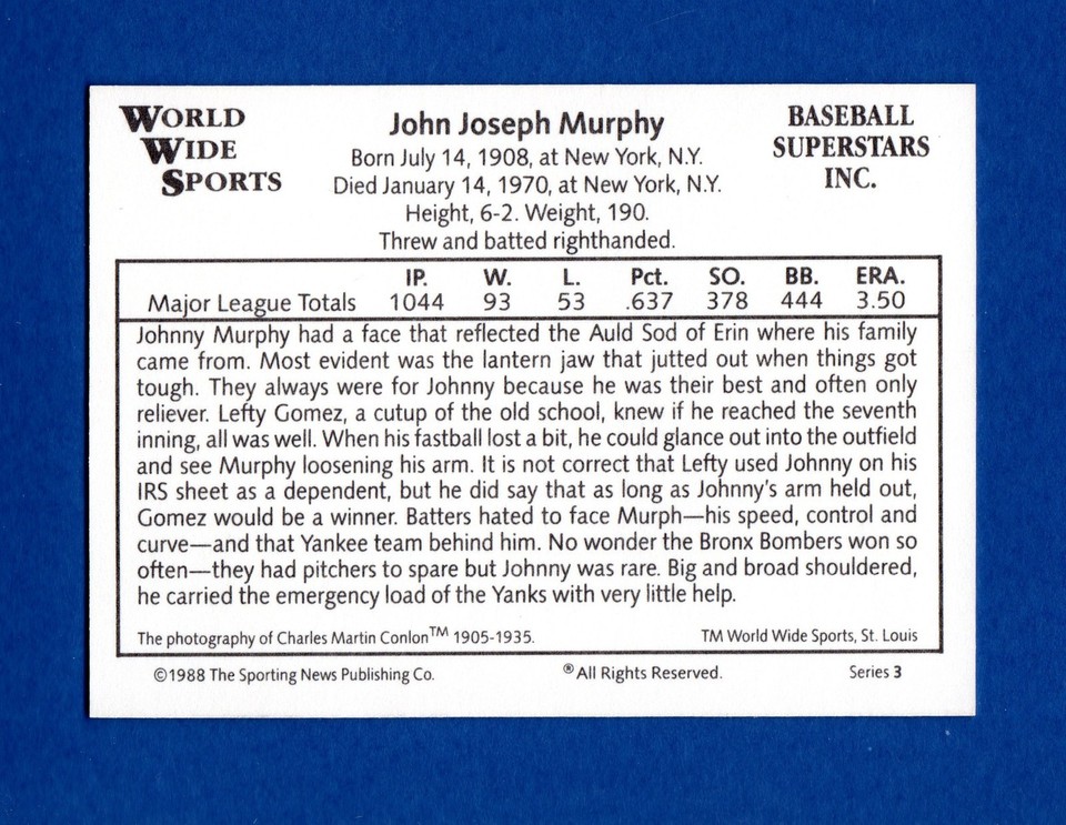 JOHNNY MURPHY, Yankees 1988 Conlon Baseball Immortals Series 3 The ...