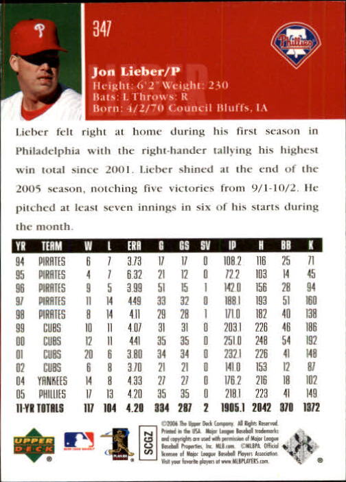2006 Upper Deck Philadelphia Phillies Baseball Card #347 Jon Lieber | eBay
