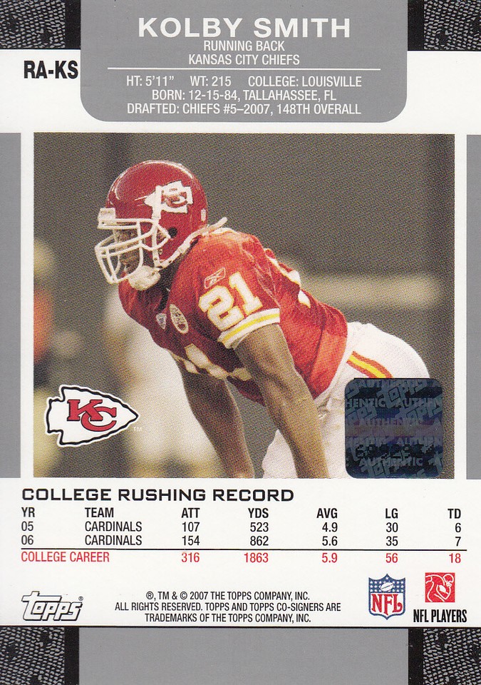 2007 Topps Co-Signers Rookie Autographs #KS Kolby Smith RC Auto Card | eBay