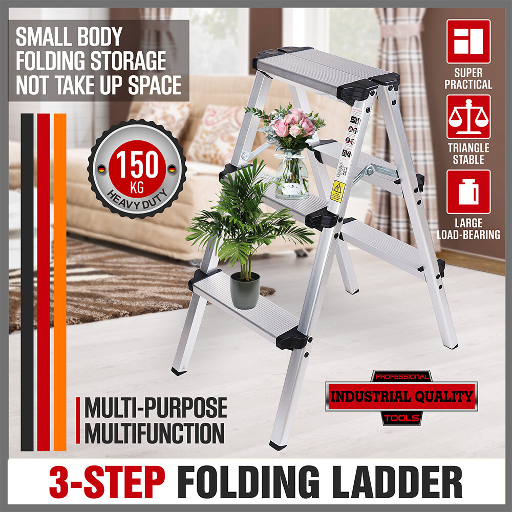 Aluminum 3 Step Foldable Ladder Portable Anti Non-Slip Heavy Duty 72 ...
