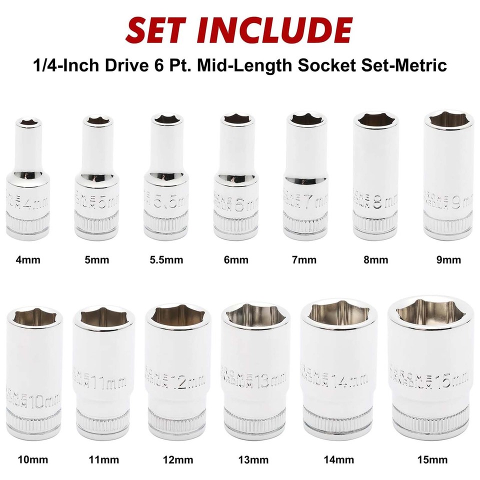 13PCS 1/4"Drive Mid-Length Socket Set, 6-Point Mirror Chrome Metric 4mm ...
