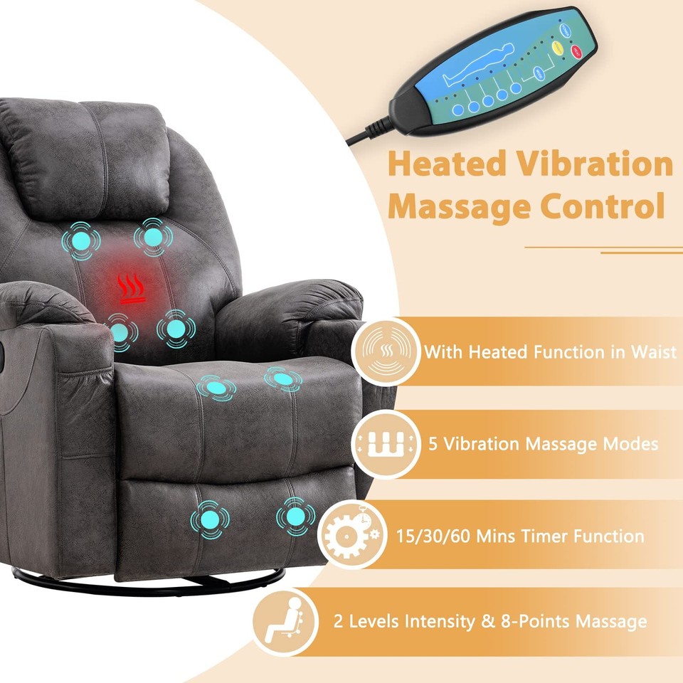 Massage Recliner Chair 360 Degree Swivel Single Sofa Rocker W/ Heating ...