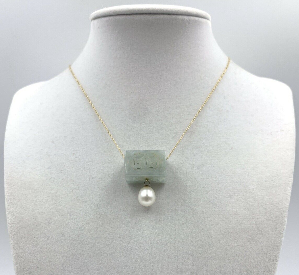 Carved Jade Barrel Pearl Pendant Green Jadeite Carved… - Gem
