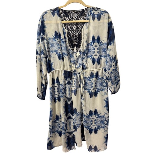 Cato Blue & White Tie-Dye Swim Cover up With Crochet Back Drawstring ...