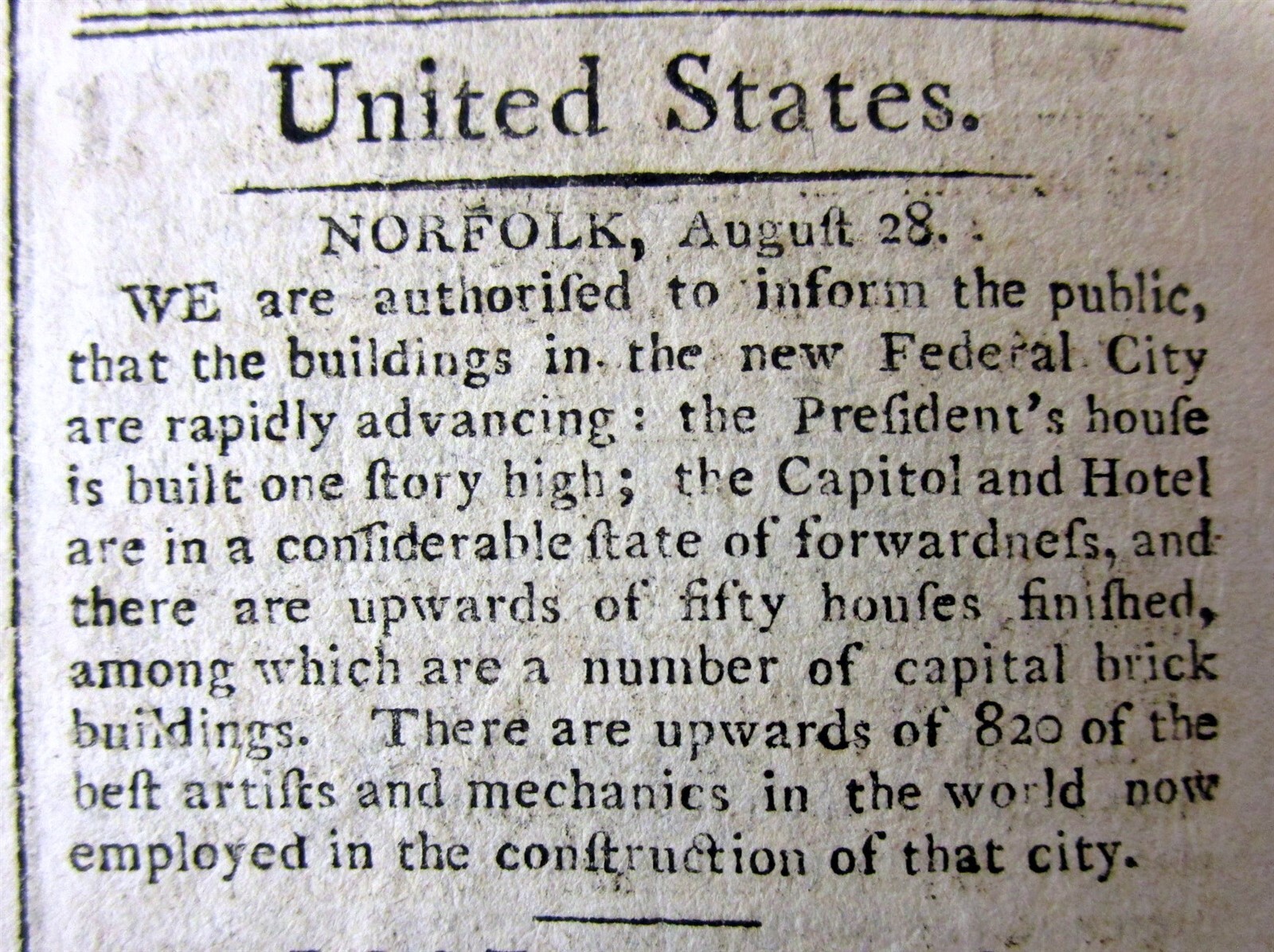 1793 newspaper with BEGINNING CONSTRUCTION of THE WHITE HOUSE & CAPITOL ...