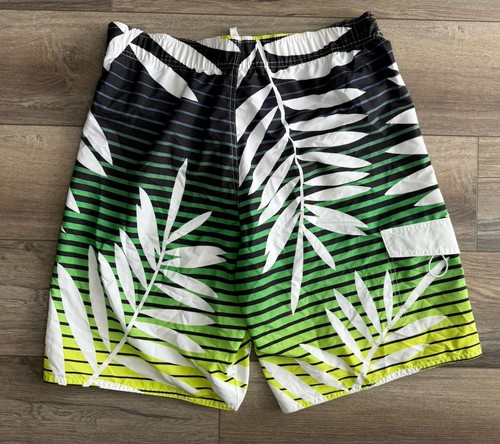 No Fear Swim Board Shorts Black White Green Geometric Palms Size XLarge ...
