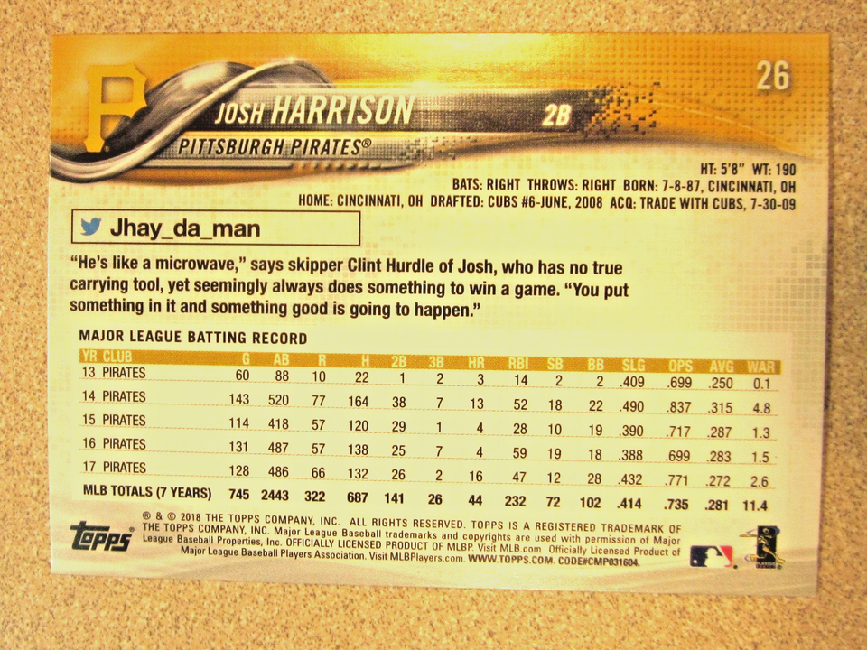2018 TOPPS NEW ERA #26 JOSH HARRISON SHORT PRINT SP PITTSBURGH PIRATES ...