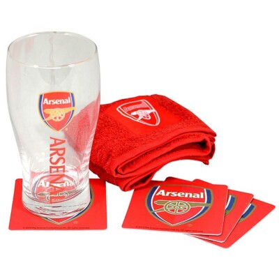 ARSENAL FC MINI BAR SET PINT (GLASS, BAR TOWEL, 4 COASTERS) OFFICIALLY ...