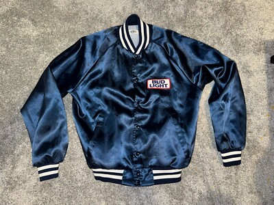 Vintage Bud Light Bomber Jacket Men’s Large Blue Satin Snap Front USA ...