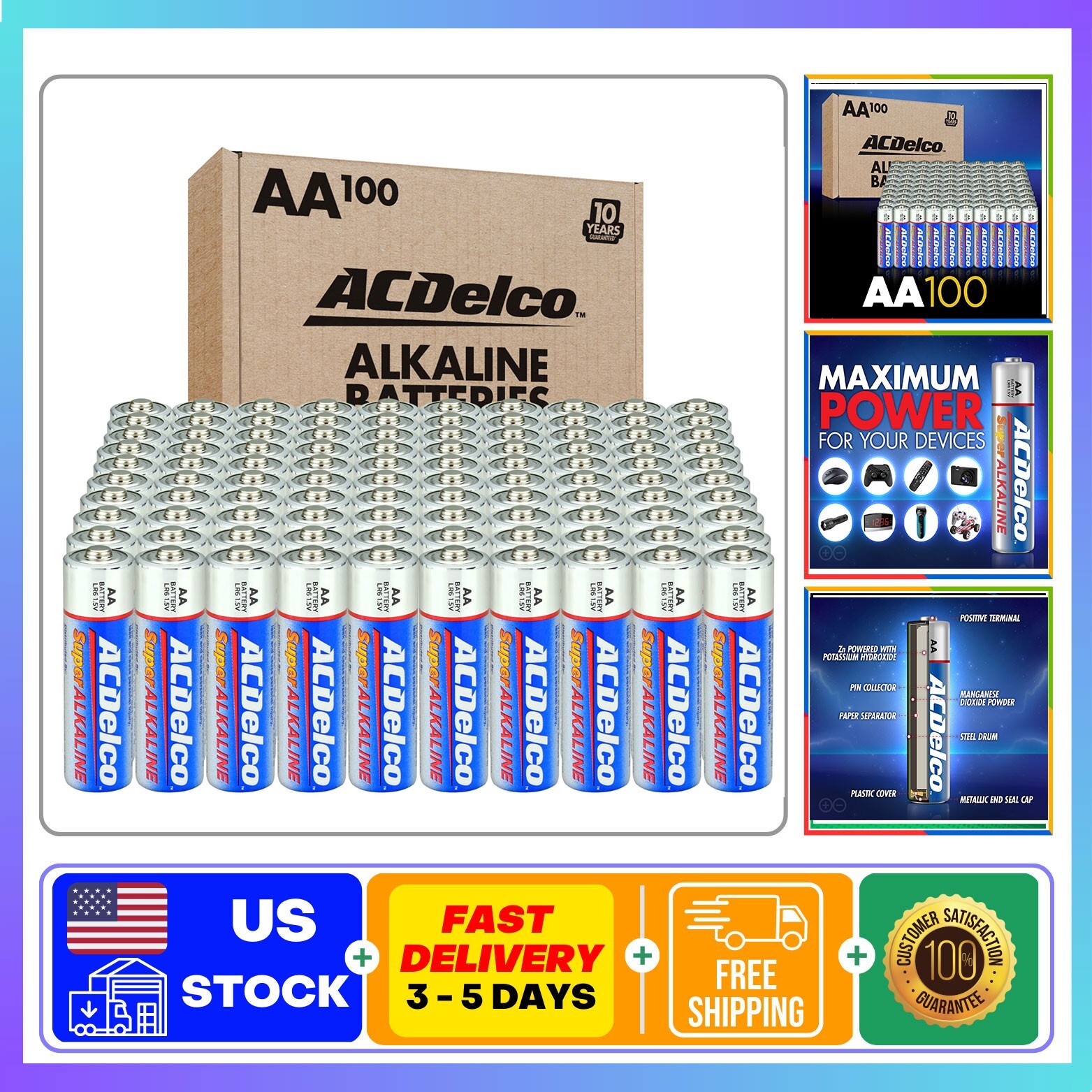 ACDelco AA Batteries, Alkaline Battery, Bulk Pack, 100 Count 100-Count ...