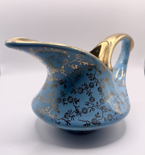 Vintage Pearl China Blue Pitcher 22k Gold Trim Mid Century Hand Painted ...