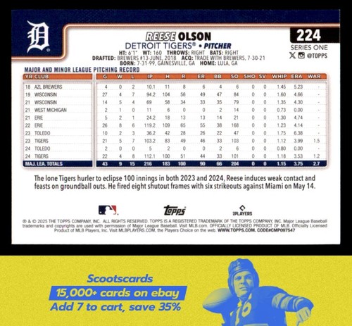 2025 Topps Baseball Reese Olson card #224 Detroit Tigers Ships by ...
