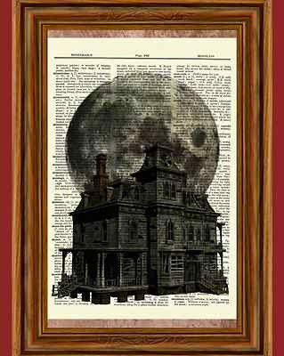 Halloween Haunted House Dictionary Art Print Full Moon Picture Spooky ...
