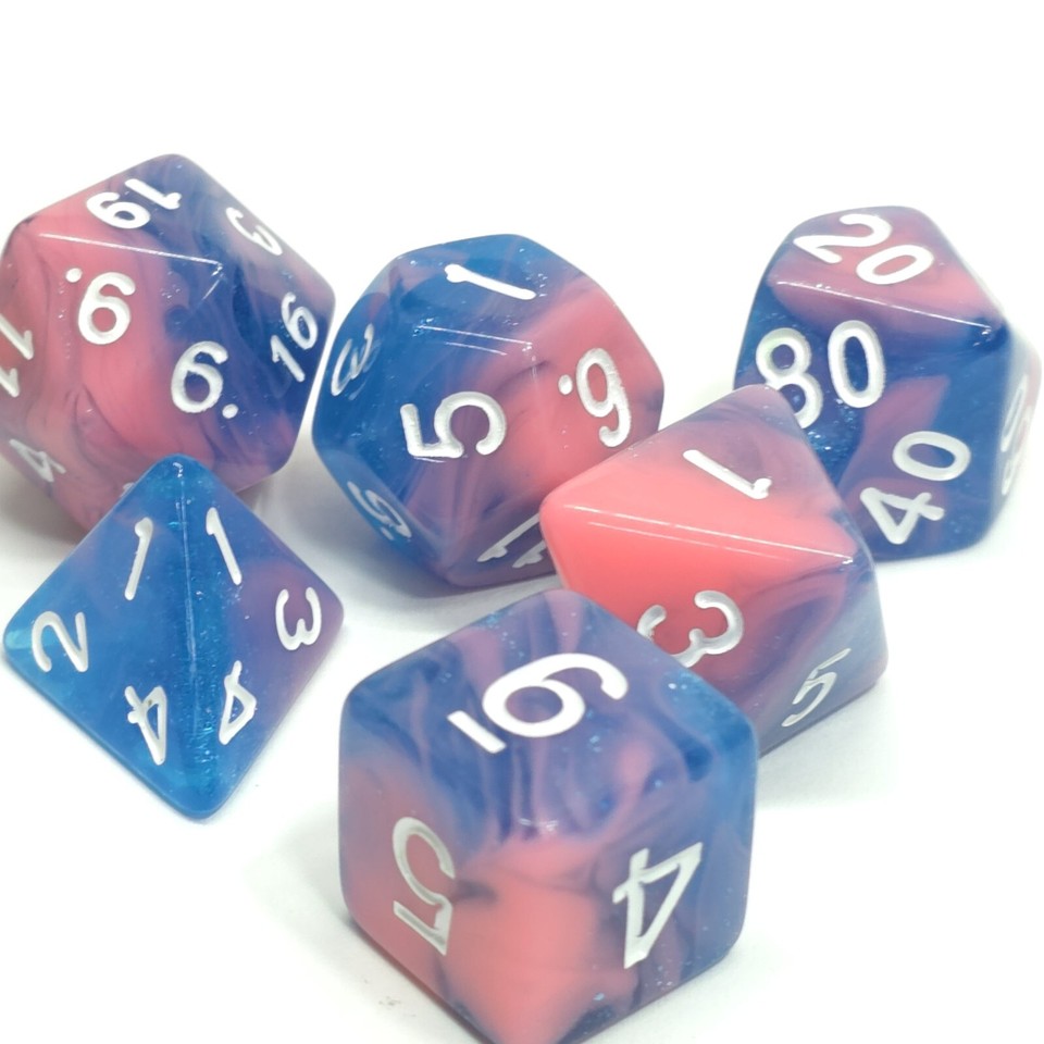 New 7 Piece Polyhedral Miami Vice Dice Set Pink Trans Glitter Blue W ...