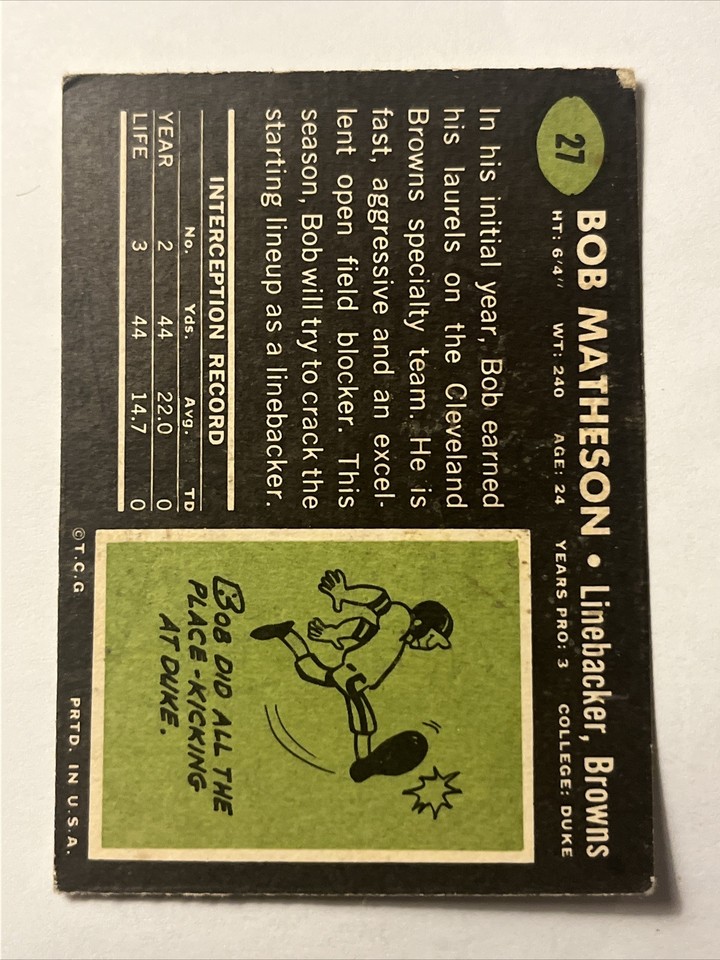 Bob Matheson 1969 Topps Football Rookie #27 Cleveland Browns Vintage | eBay