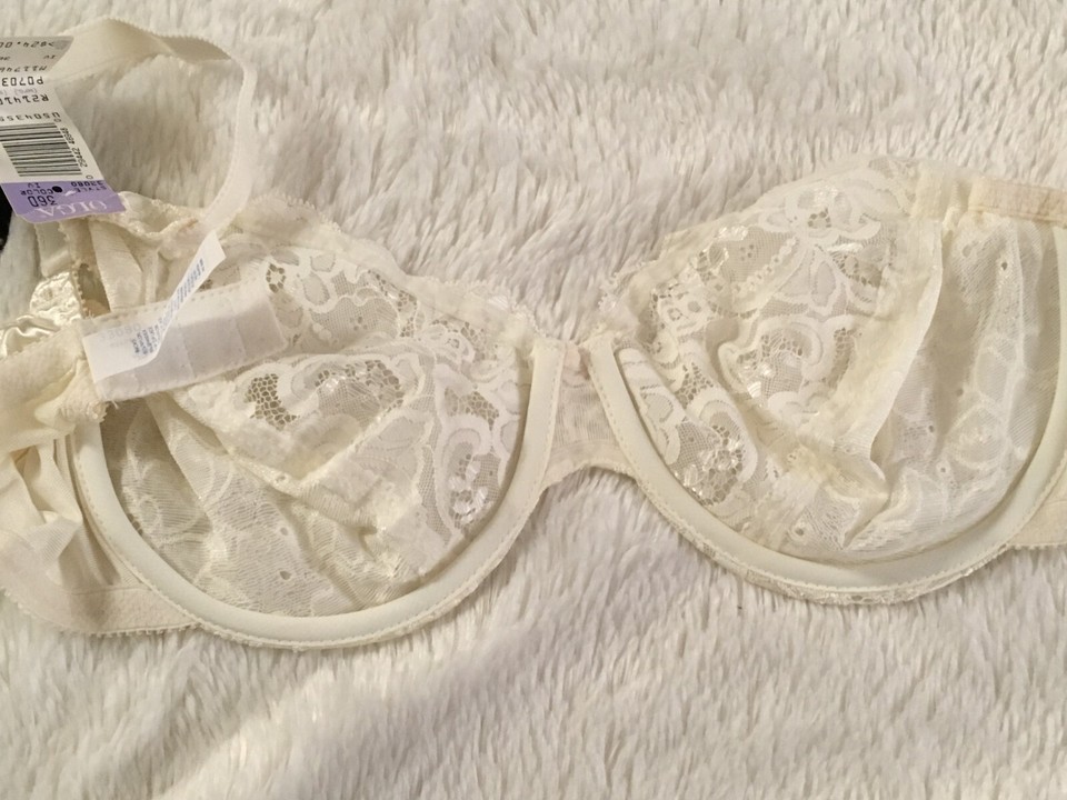 NOS Vtg Olga SATIN & LACY TEXTURES Bra 36D Floral Lace Shiny Ivory ...