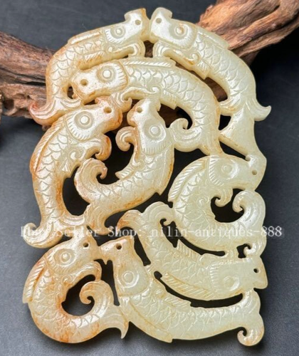 3.3" Old Chinese Han Dynasty Hetian Old Jade carved Feng Shui fish YuBi ...