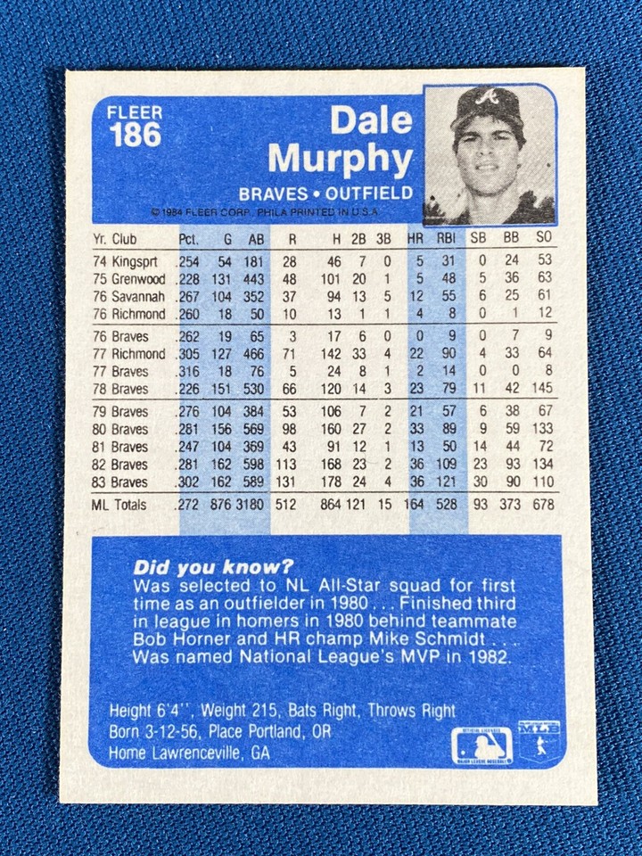1984 Fleer Dale Murphy Baseball Card #186 SET BREAK Atlanta Braves | eBay