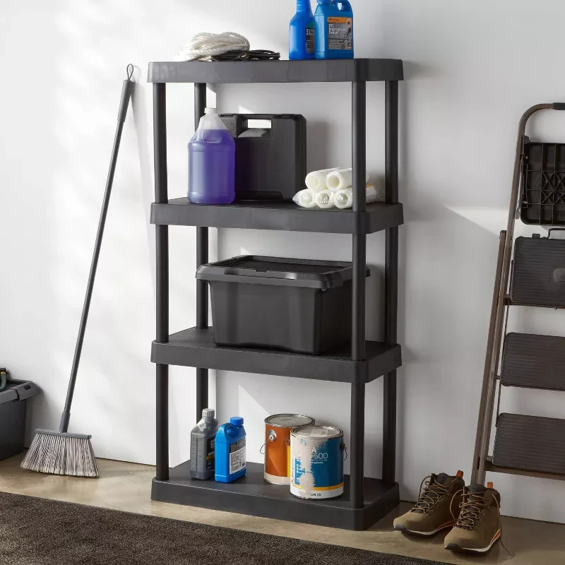4 Tier Plastic Shelf Unit Black - Brightroom™: Utility Storage Shelves ...