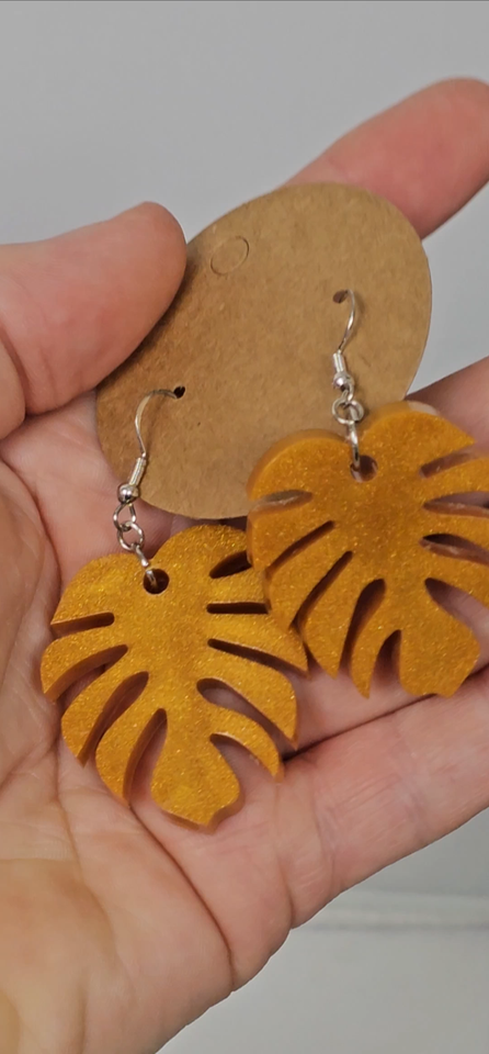 Handmade Resin Monstera Leaf Dangle Earrings Mayan Gold Shimmer Tiki ...