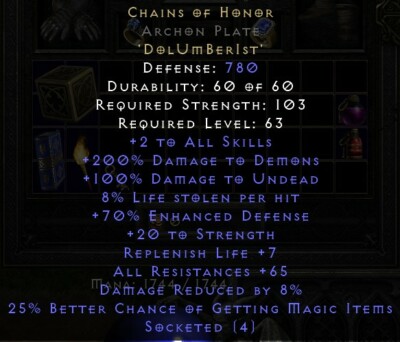 Diablo 2 Resurrected D2R - Chains of Honor Runeword Archon Plate PC ...