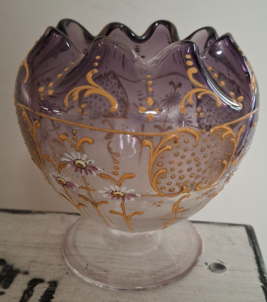 Antique AMETHYST glass pot pourri bowl/footed bowl hand painted ...