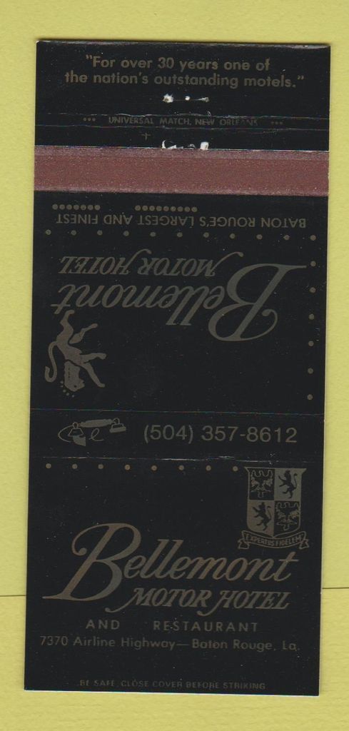 Matchbook Cover - Bellemont Motor Hotel Baton Rouge LA #2 BLACK 30 ...