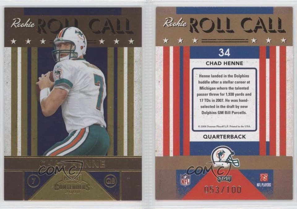 2008 Playoff Contenders Rookie Roll Call Gold 53/100 Chad Henne #34 RC ...