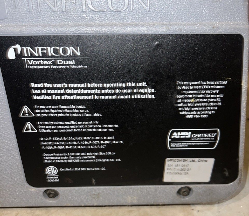 Inficon Vortex Dual Refrigerant Recovery Machine - 2019 - Used | eBay
