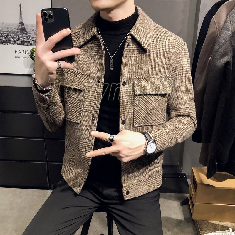 Men's Plaid Jacket Wool Blend Houndstooth Short Coat Lapel Casual ...