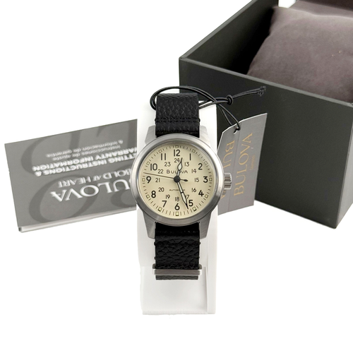 Bulova Hack 96A246 Men's Watch Ivory Dial Automatic Black Leather Strap ...