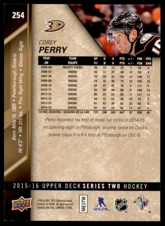 Corey Perry Rookie Card Card 2015-16 Upper Deck Exclusives Spectrum ...