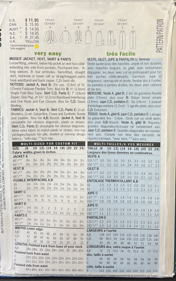 Butterick Pattern 5697 Misses Jacket, Vest, Skirt & Pants 14-18 UC | eBay