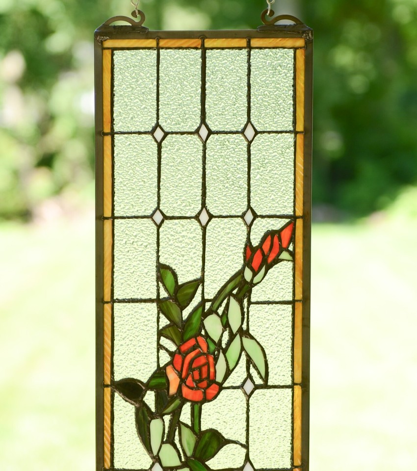 10" x 36" Handcrafted Tiffany Style stained glass window panel Rose ...