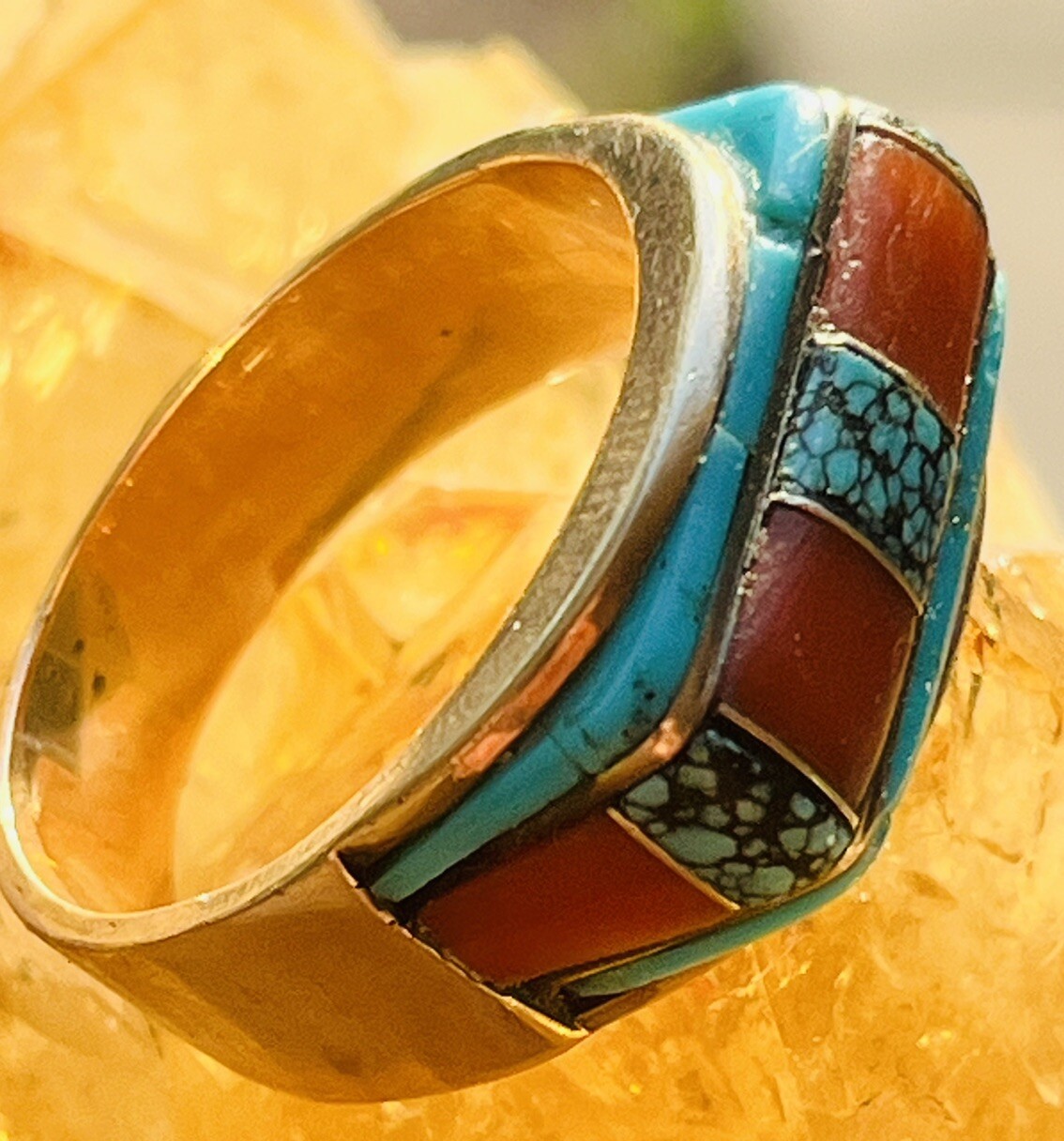 VTG 1950s Men's 10K Solid Gold Turquoise Blood Coral … - Gem