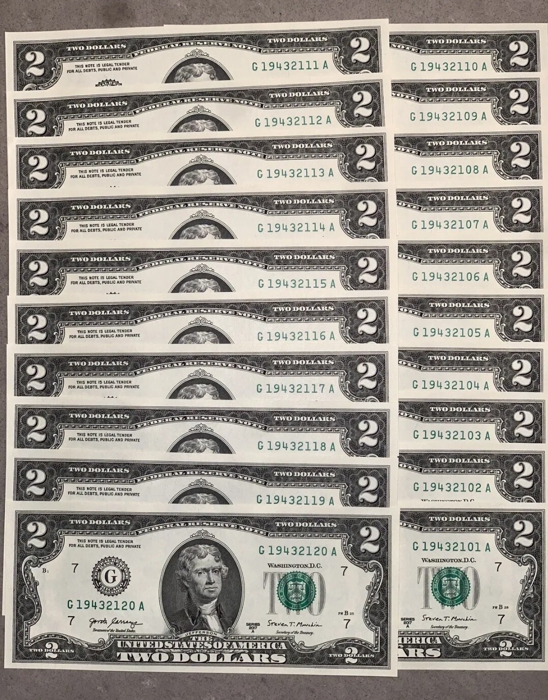 (10) NEW $2 Bills Consecutive Serial Number 2017A Two Dollar Notes from ...
