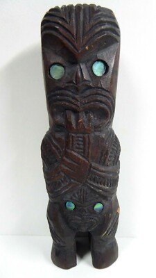 MAORI WOODEN CARVED TIKI PAUA SHELL INLAID EYES NEW ZEALAND TIKI BAR | eBay