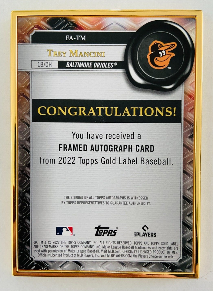 2022 Topps Gold Label TREY MANCINI Gold Framed Auto Black #'d /75 ...