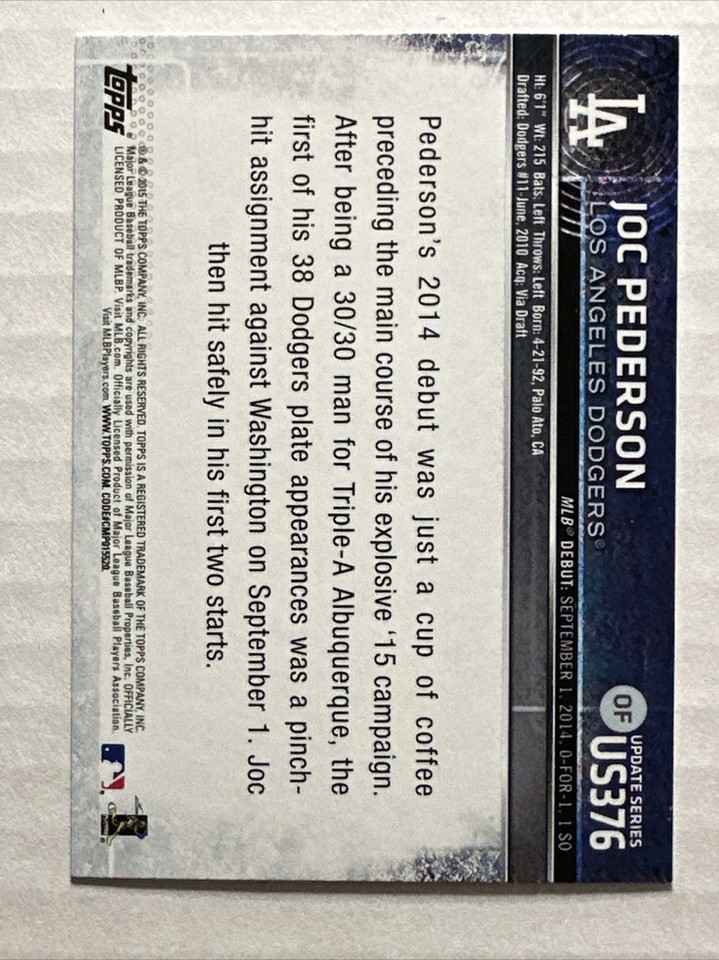 2015 Topps Update #US376 Joc Pederson Rookie Debut ⚾️ Rainbow Foil RC ...