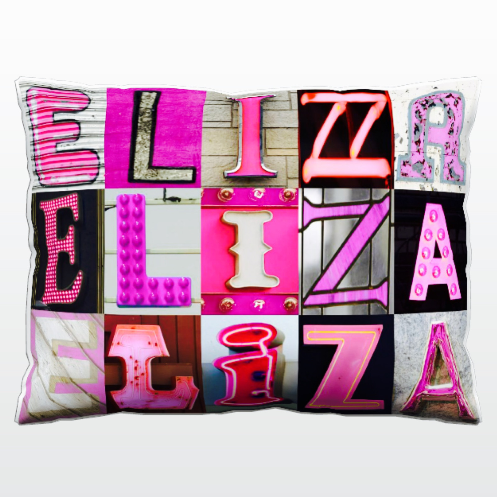 Personalized Pillow featuring the name ELIZA in photos of PINK sign ...