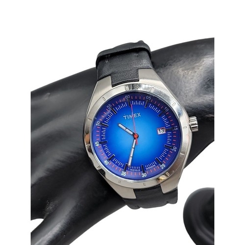 Timex Mens Quartz Watch Blue Face Indiglo WR100M 8" Leather Band 40mm ...