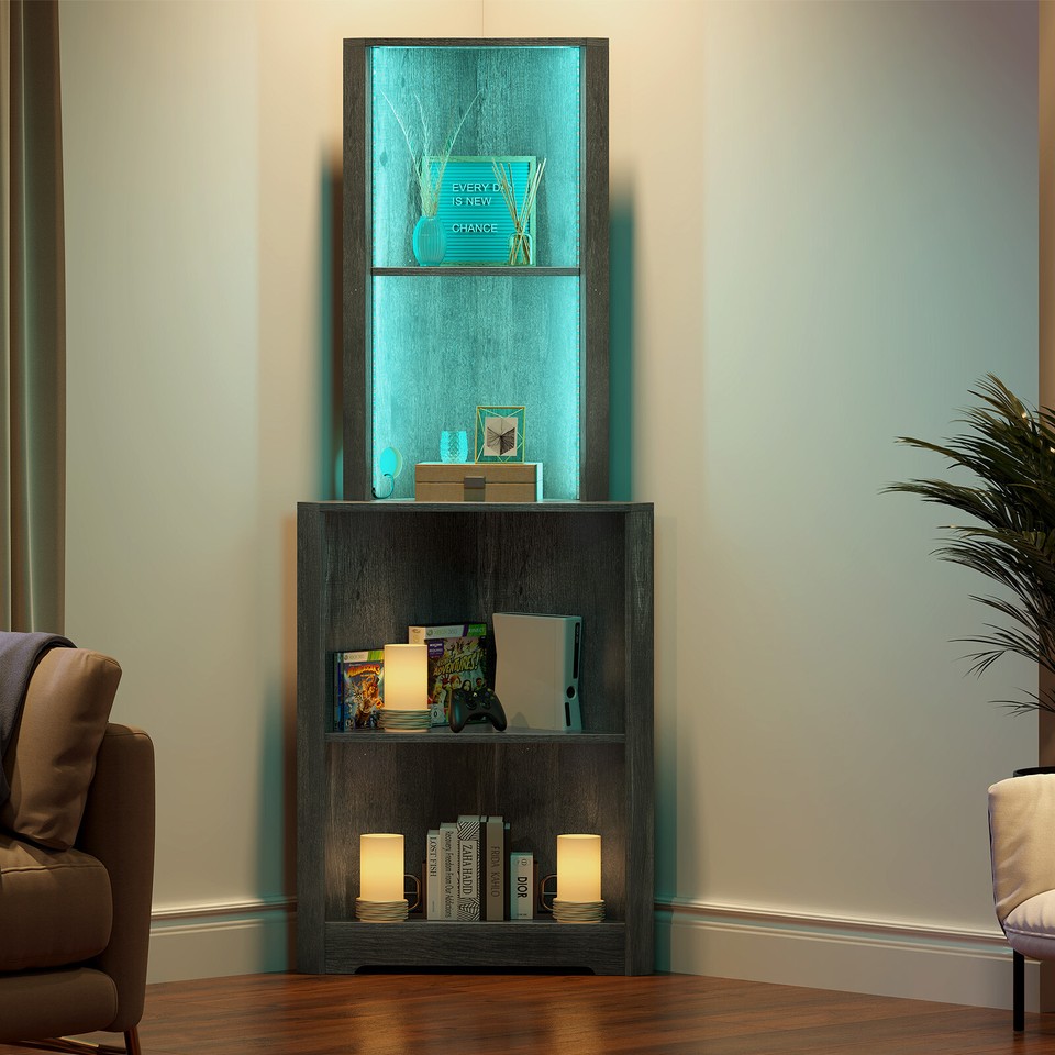 5 Tier Modern LED Corner Shelf Bookshelf Bookcase with Open Display ...