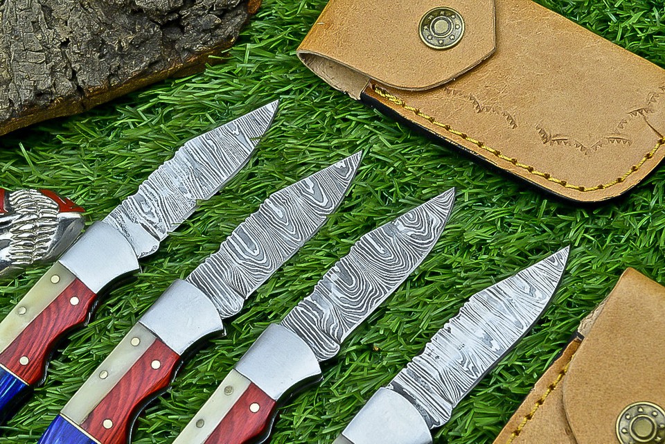 LOT OF 4 PCS! CUSTOM HANDMADE DAMASCUS STEEL POCKET FOLDING KNIVES ...